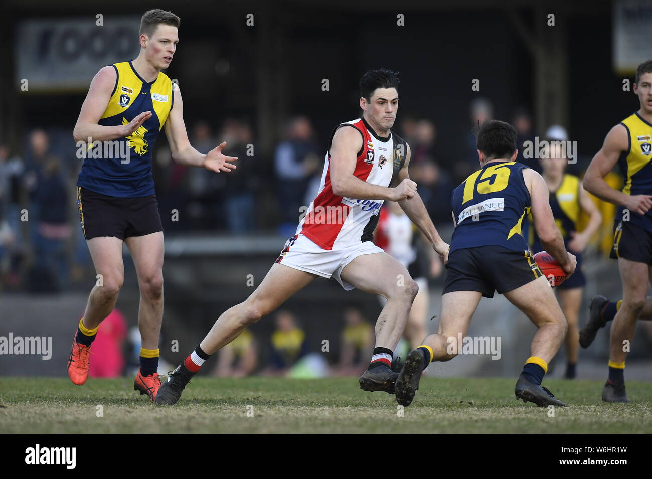 Benalla's Brody Webster eyes the footy during the Benalla Saints' game ...