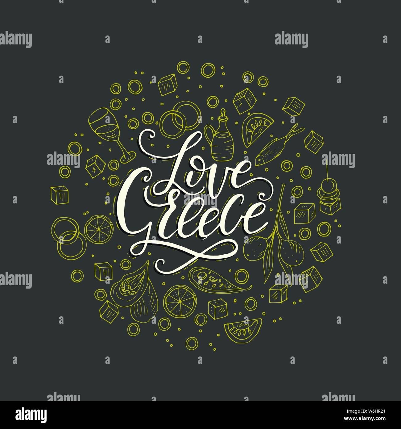 Love Greece. Lettering handdrawn quote with doodle symbols of national ...