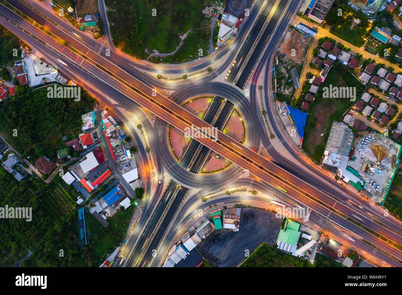 Aerial View Above of Busy Highway Road Junctions at day. The ...