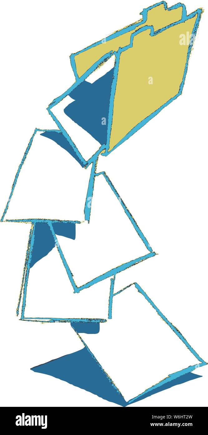 Open yellow folder rough line drawing with falling pages to the floor ...