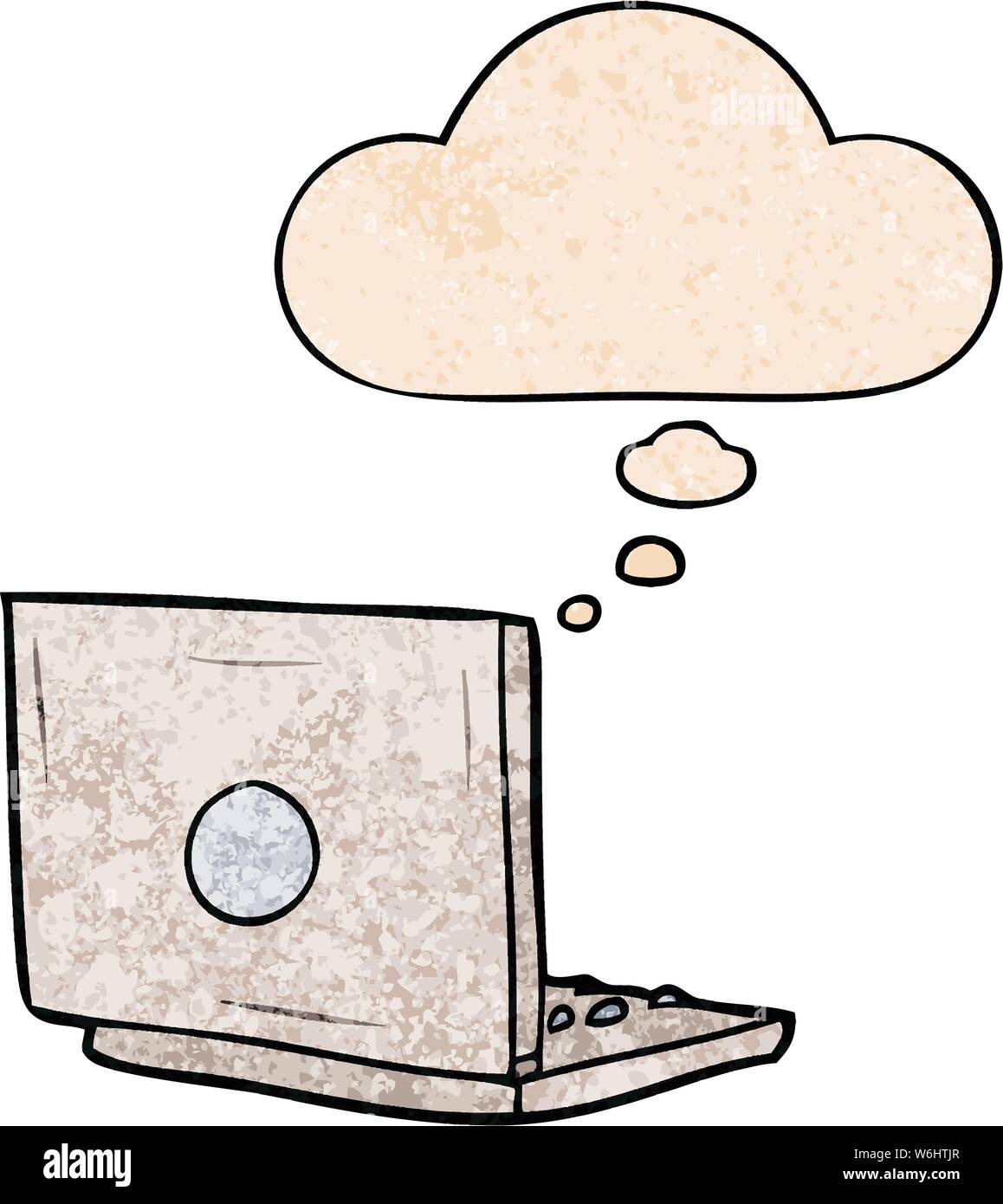 cartoon laptop computer with thought bubble in grunge texture style ...