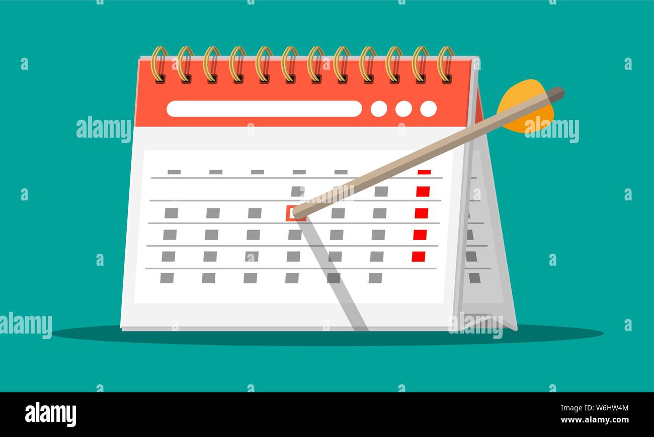 Paper spiral wall calendar and bow arrow. Calendar flat icon. Schedule ...
