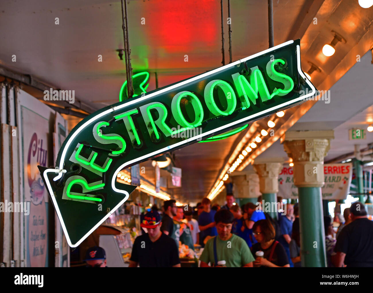 Neon signs at the historic Pike Place Market in Seattle Stock Photo - Alamy