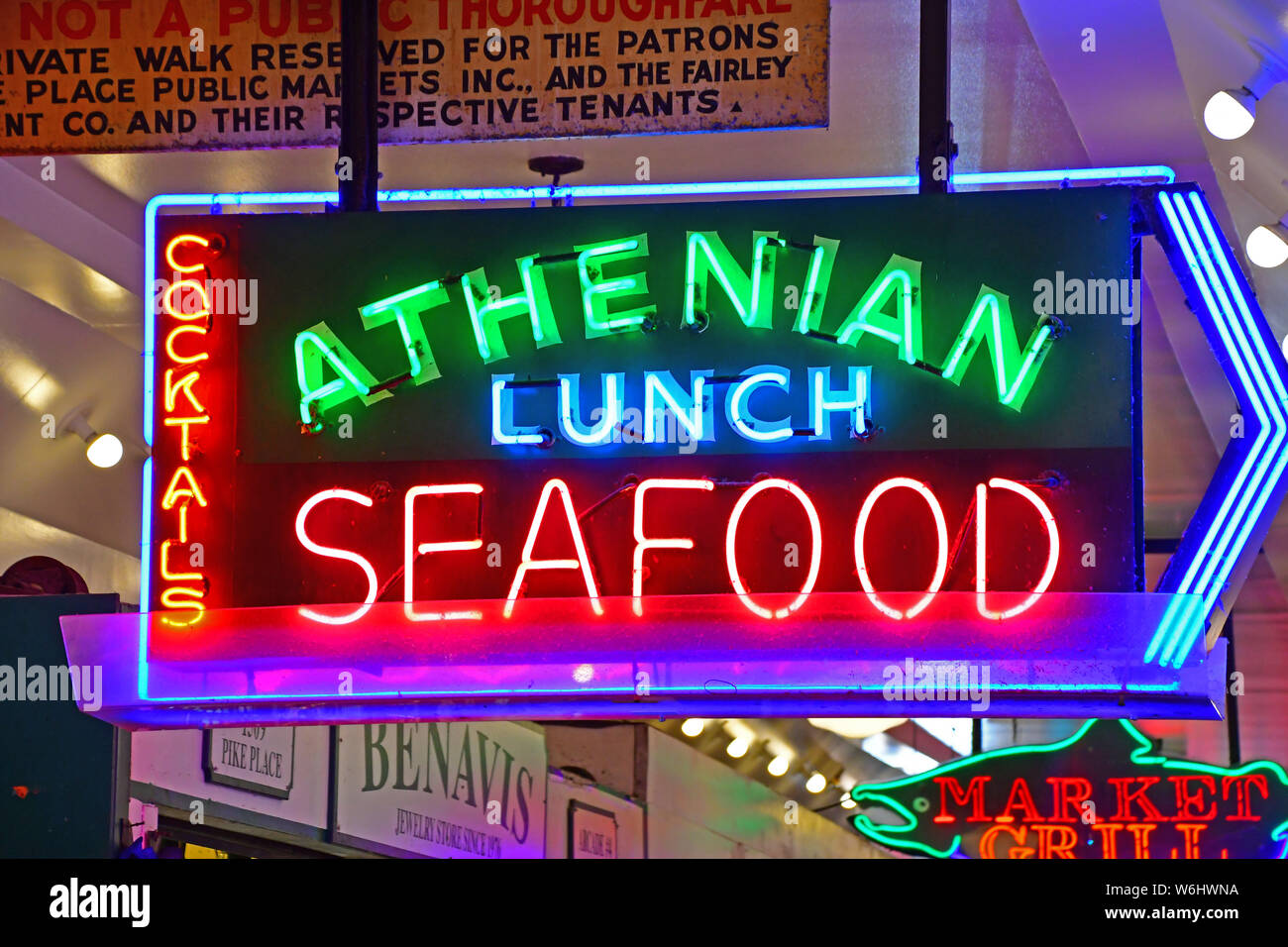 Neon sign for the Athenian Lunch Seafood restaurant at Pike Place ...