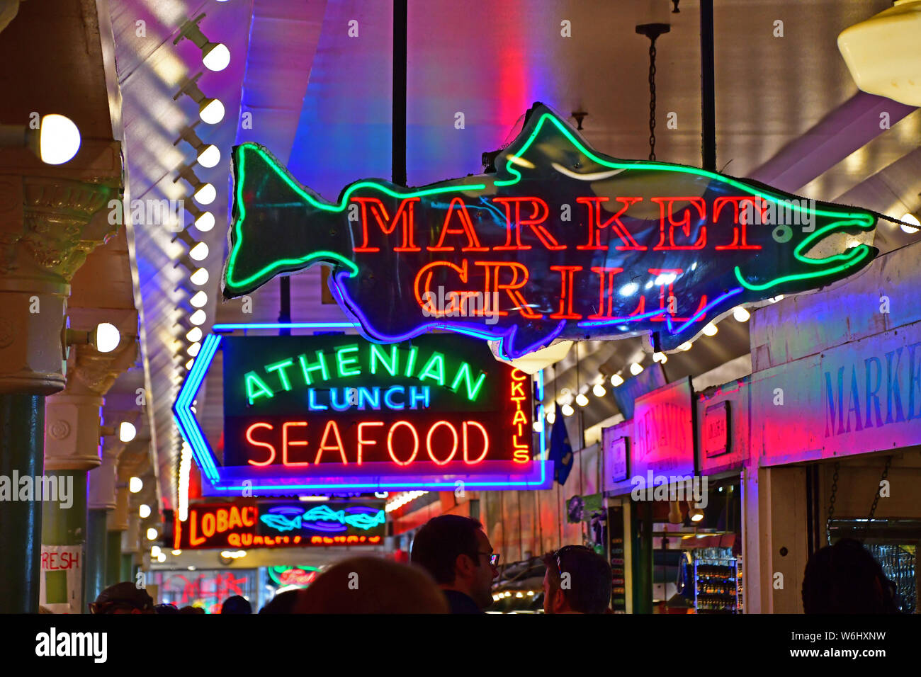 Neon signs in Pike Place Market in Seattle Stock Photo - Alamy
