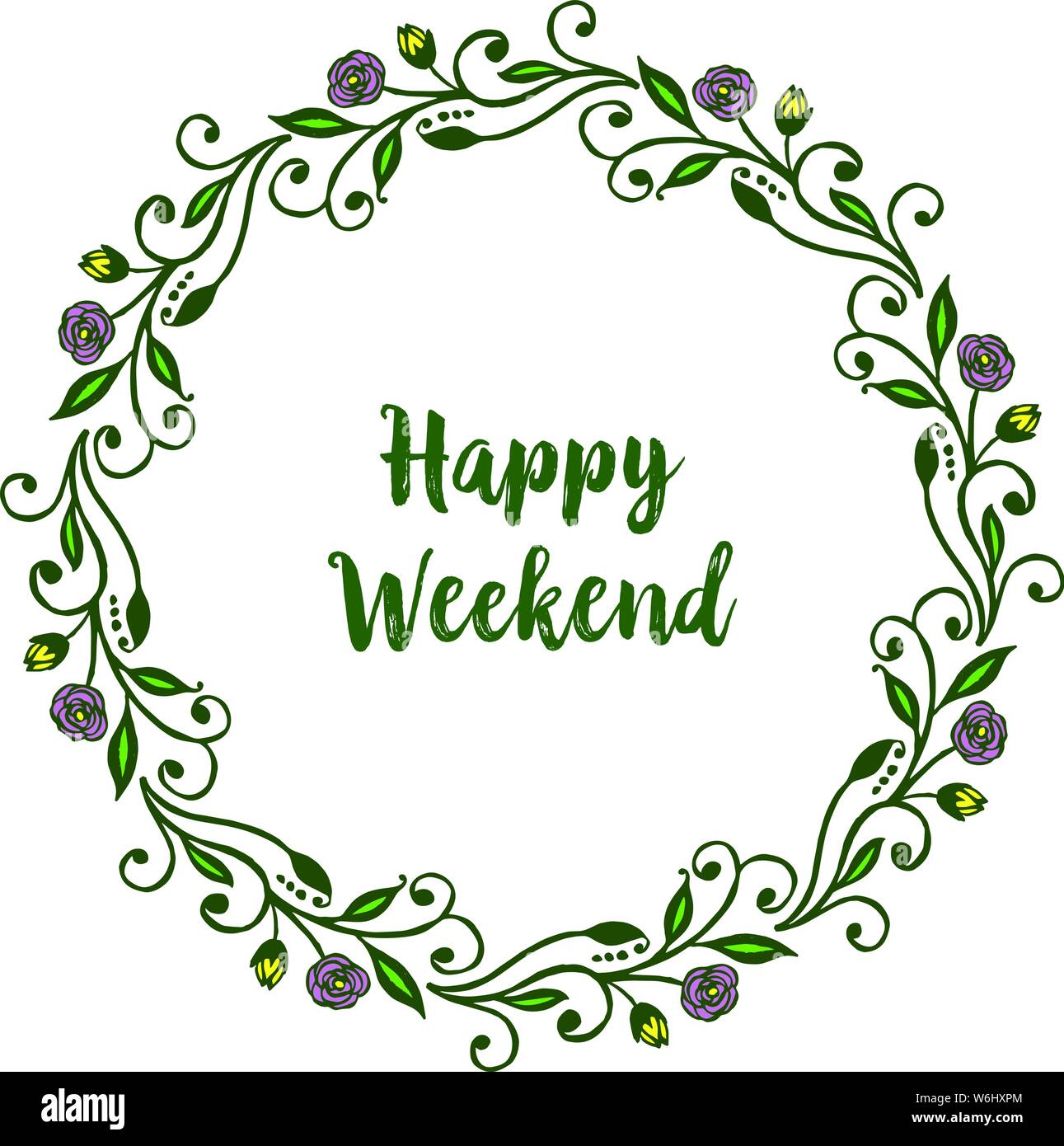 Greeting card happy weekend, with bright green leafy flower frame ...