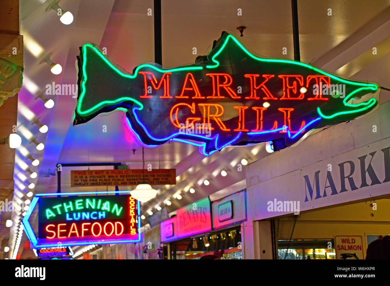 Neon sign for the Market Grill restaurant at the Pike Place Market in ...