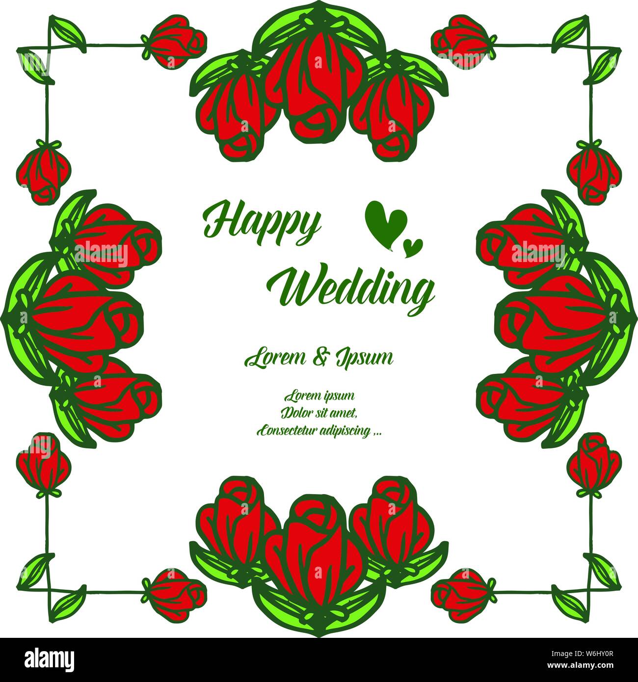 Red rose flowers, frame of leaf, lettering of happy wedding, for ...