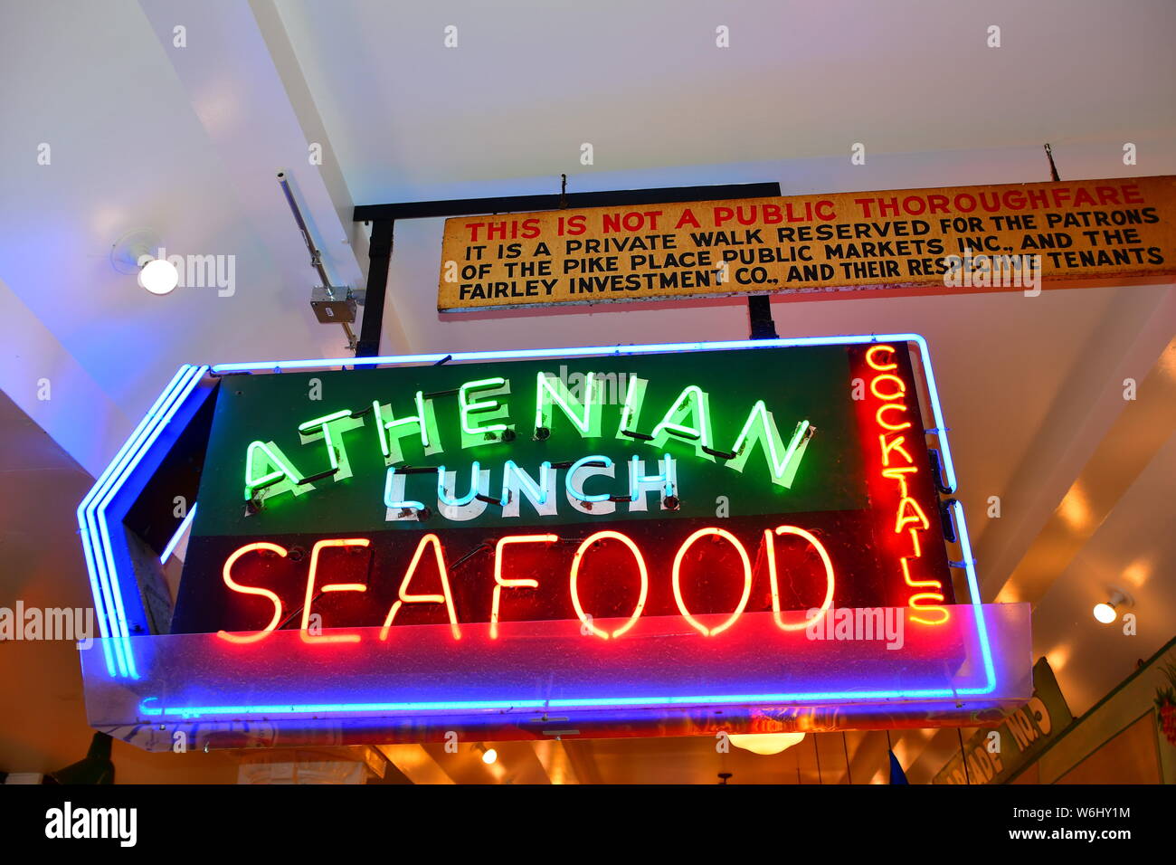 Neon sign for the Athenian Lunch Seafood restaurant at Pike Place ...