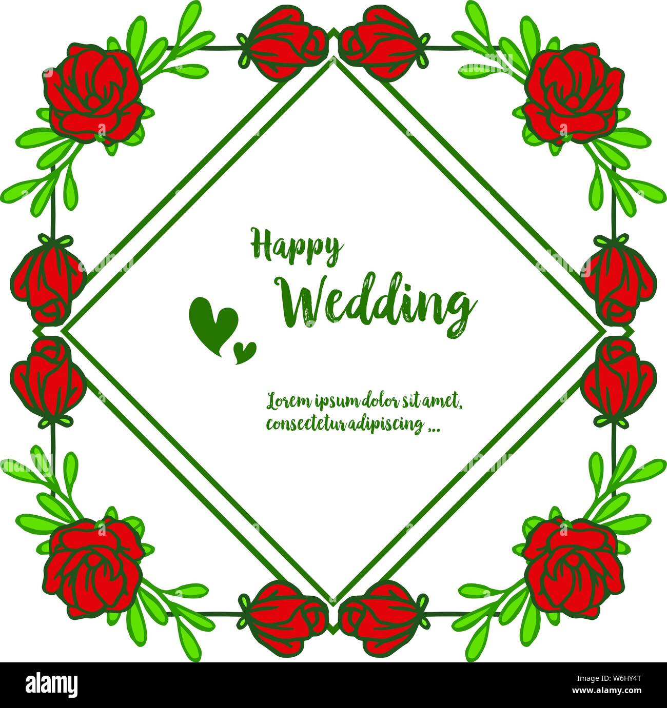Red rose flowers, frame of leaf, lettering of happy wedding, for ...