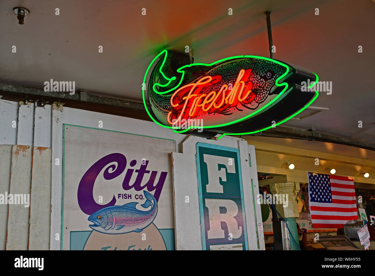 Neon signs in Pike Place Market in Seattle Stock Photo - Alamy