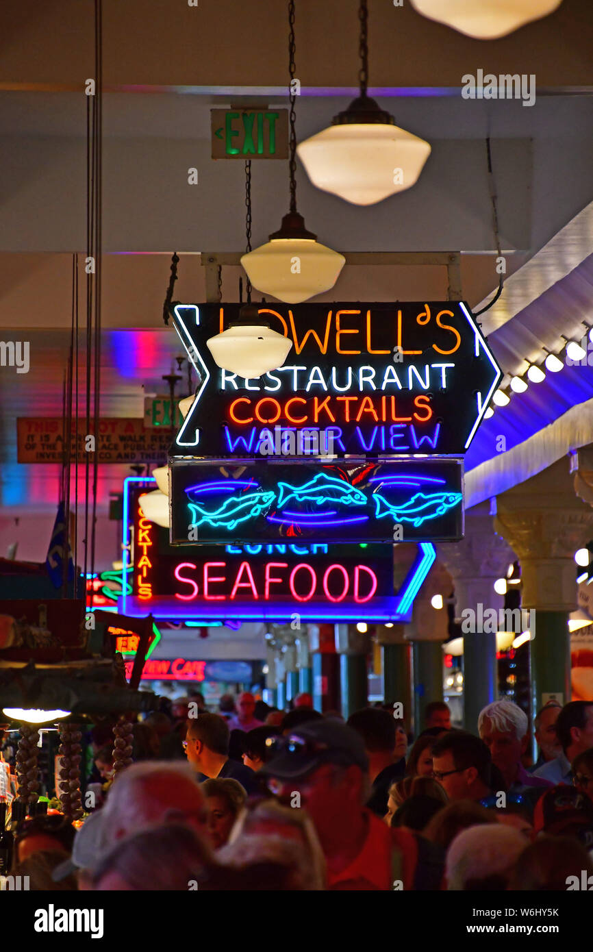 Neon signs in Pike Place Market in Seattle Stock Photo - Alamy