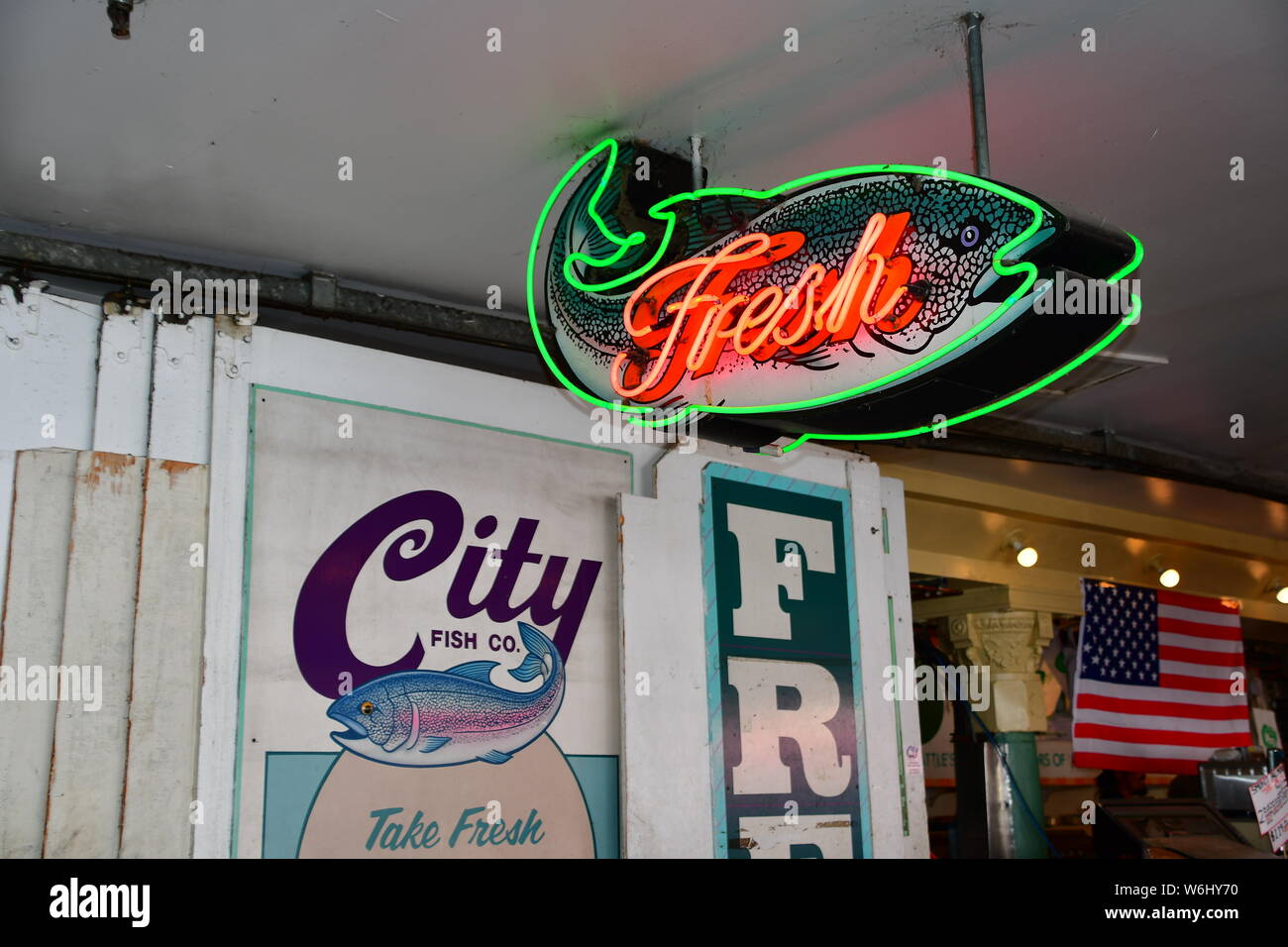 Neon signs in Pike Place Market in Seattle Stock Photo - Alamy