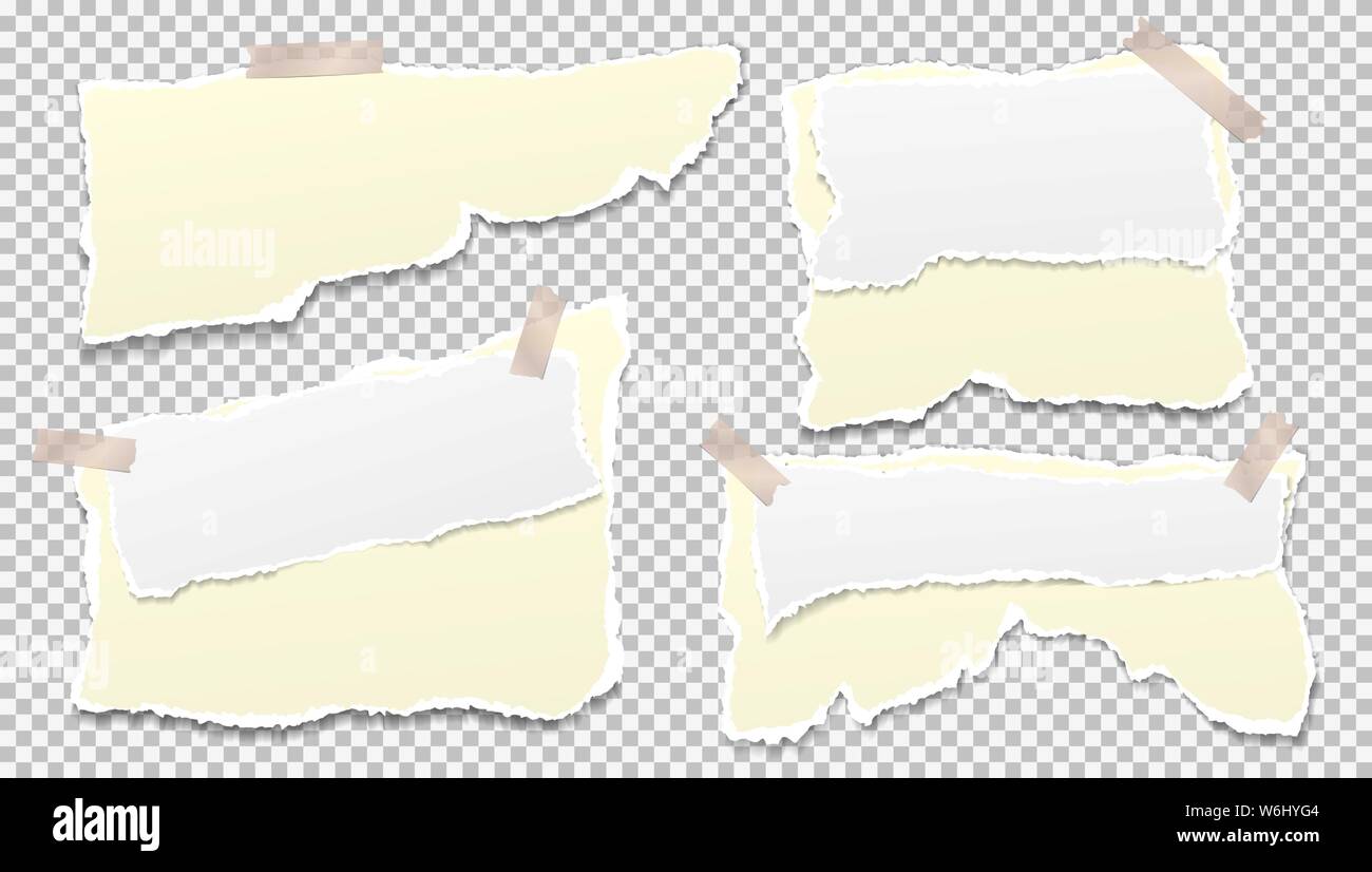 White and yellow ripped, torn note, notebook paper strips, stuck with ...
