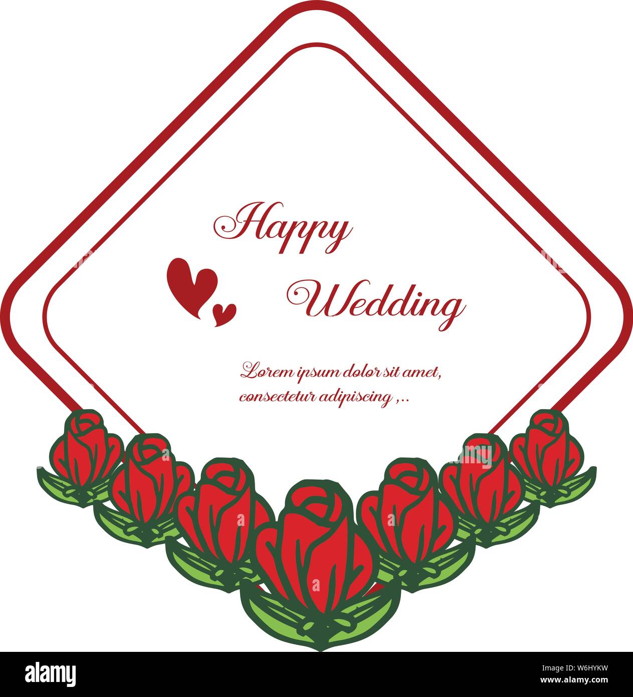 Red rose flowers, frame of leaf, lettering of happy wedding, for ...