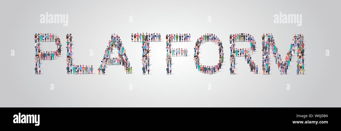 people crowd gathering in shape of platform word different occupation ...