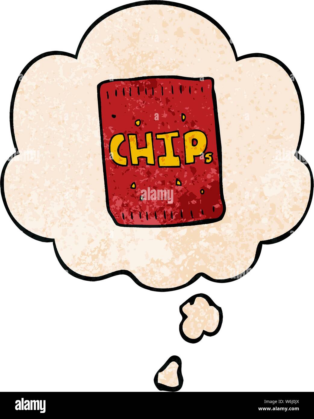 cartoon packet of chips with thought bubble in grunge texture style ...