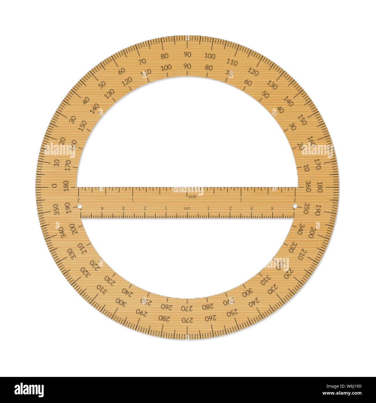 Wooden circular protractor with a ruler in metric and imperial units ...