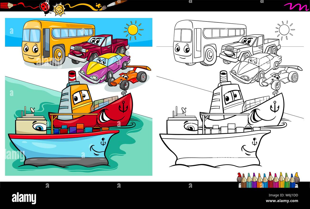 Cartoon Illustration of Cars and Ship Transport Characters Group ...