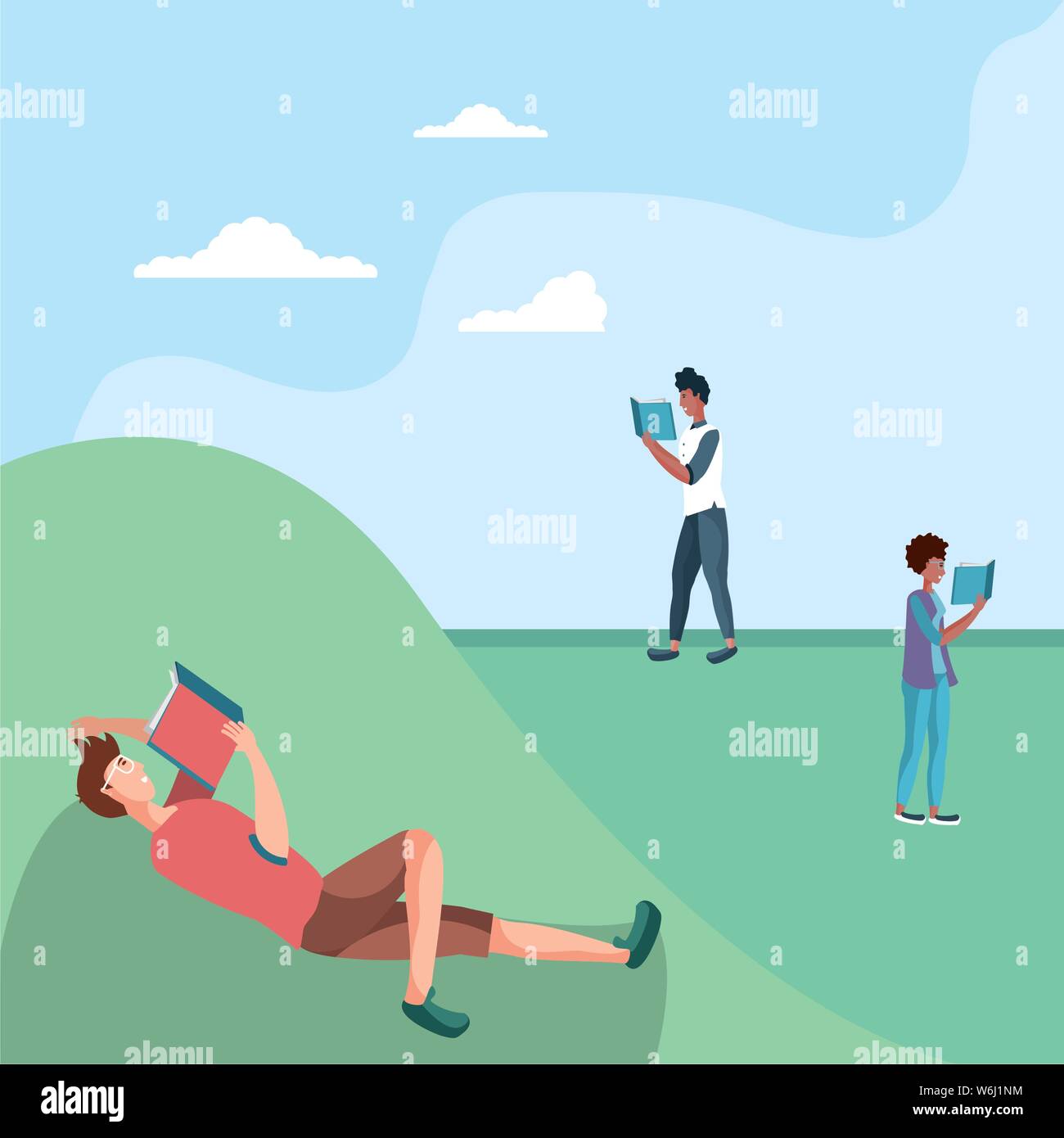 young people reading books in landscape vector illustration design ...
