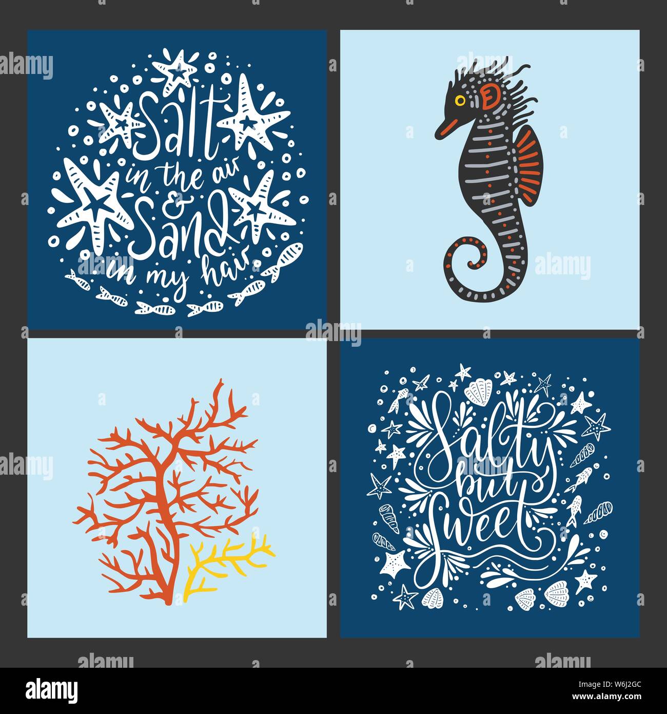 Vector sea cards set with handdrawn sea animals and ornate lettering ...