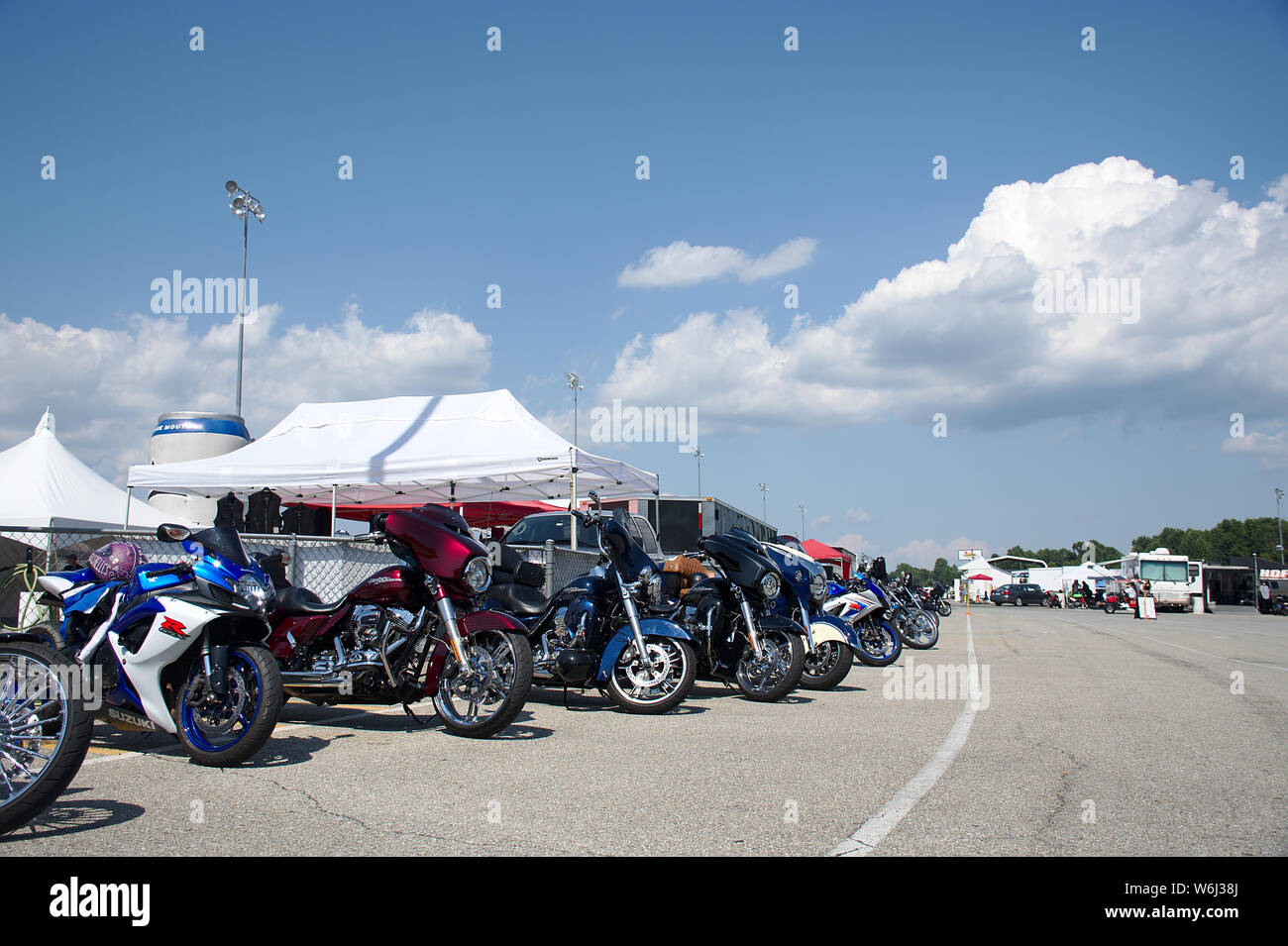 Parked Motorcycles lined up at Maryland National Raceway Stock Photo ...
