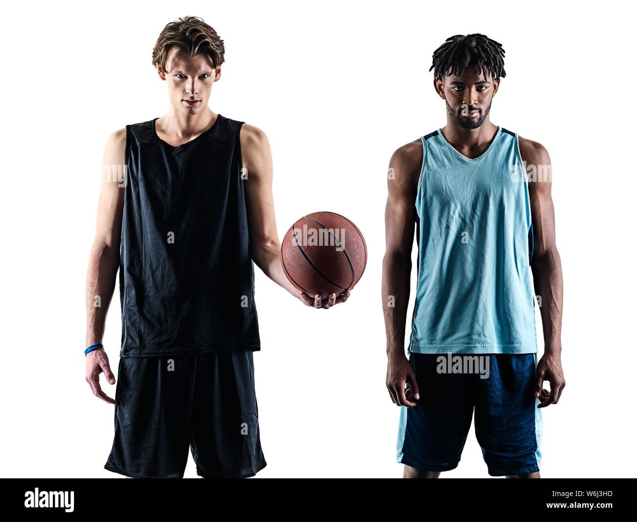 two basketball players men isolated in silhouette shadow on white ...