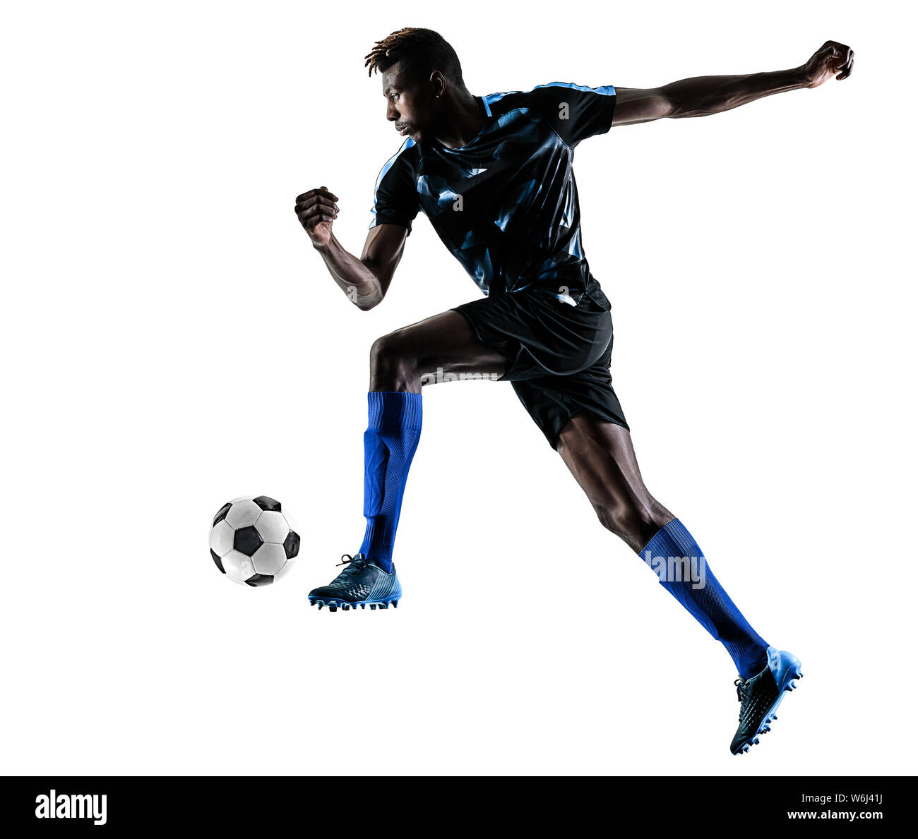 one african soccer player man playing in studio isolated on white ...