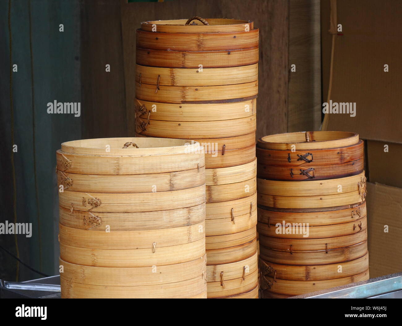 Traditional Chinese bamboo steamers used to make dumplings and streamed ...