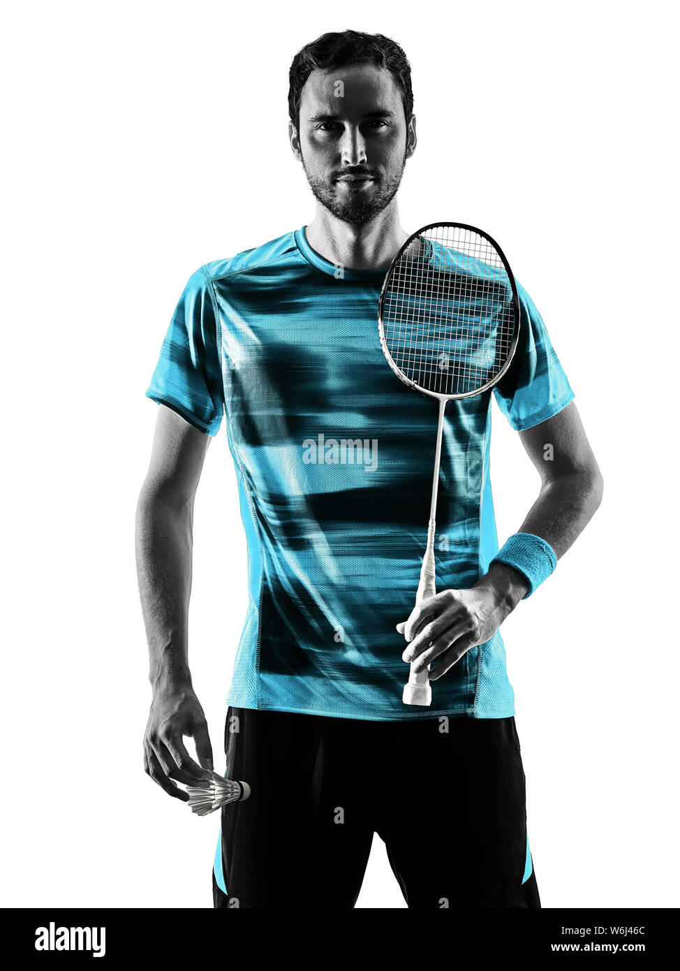 one caucasian Badminton player man in studio shadow silhouette isolated ...