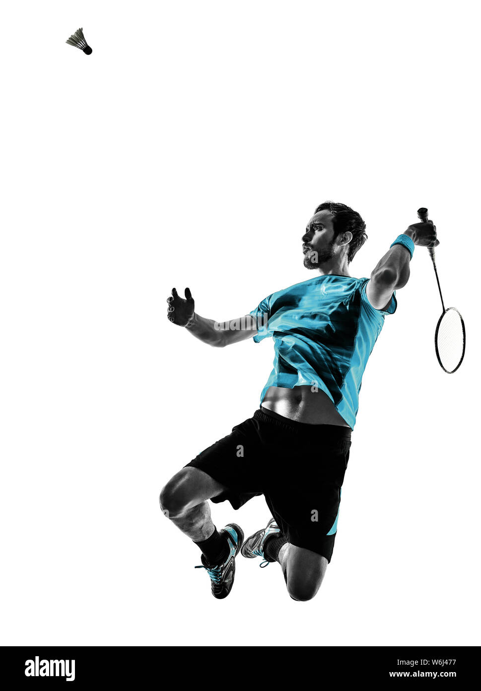 one caucasian Badminton player man in studio shadow silhouette isolated ...