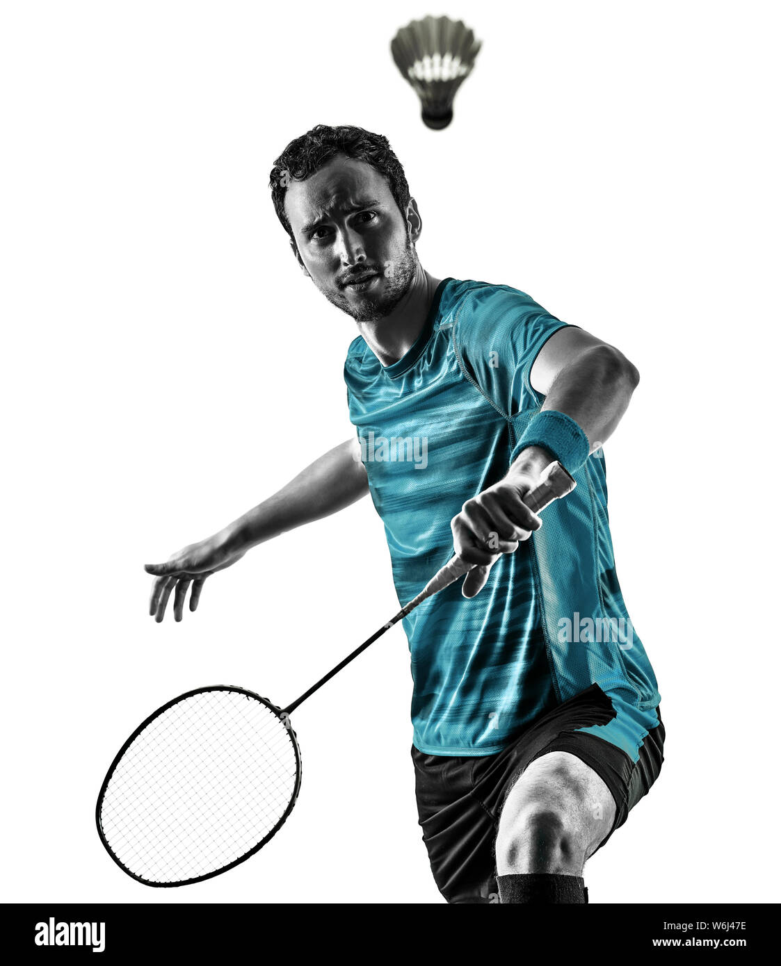 one caucasian Badminton player man in studio shadow silhouette isolated ...