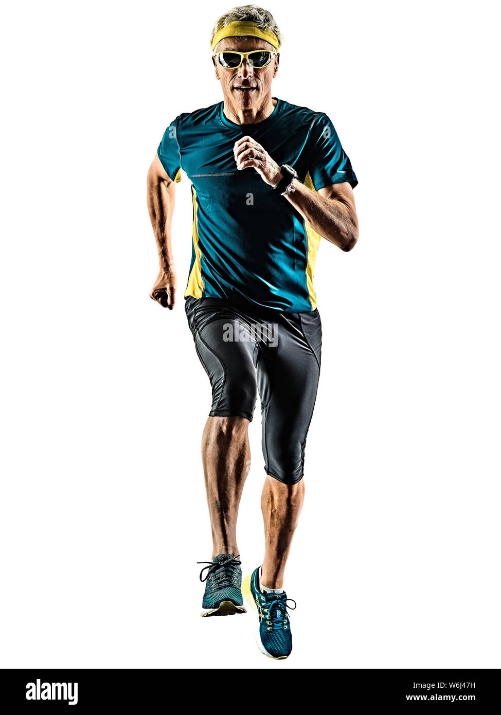 one caucasian senior man running runner jogger jogging in studio shadow ...