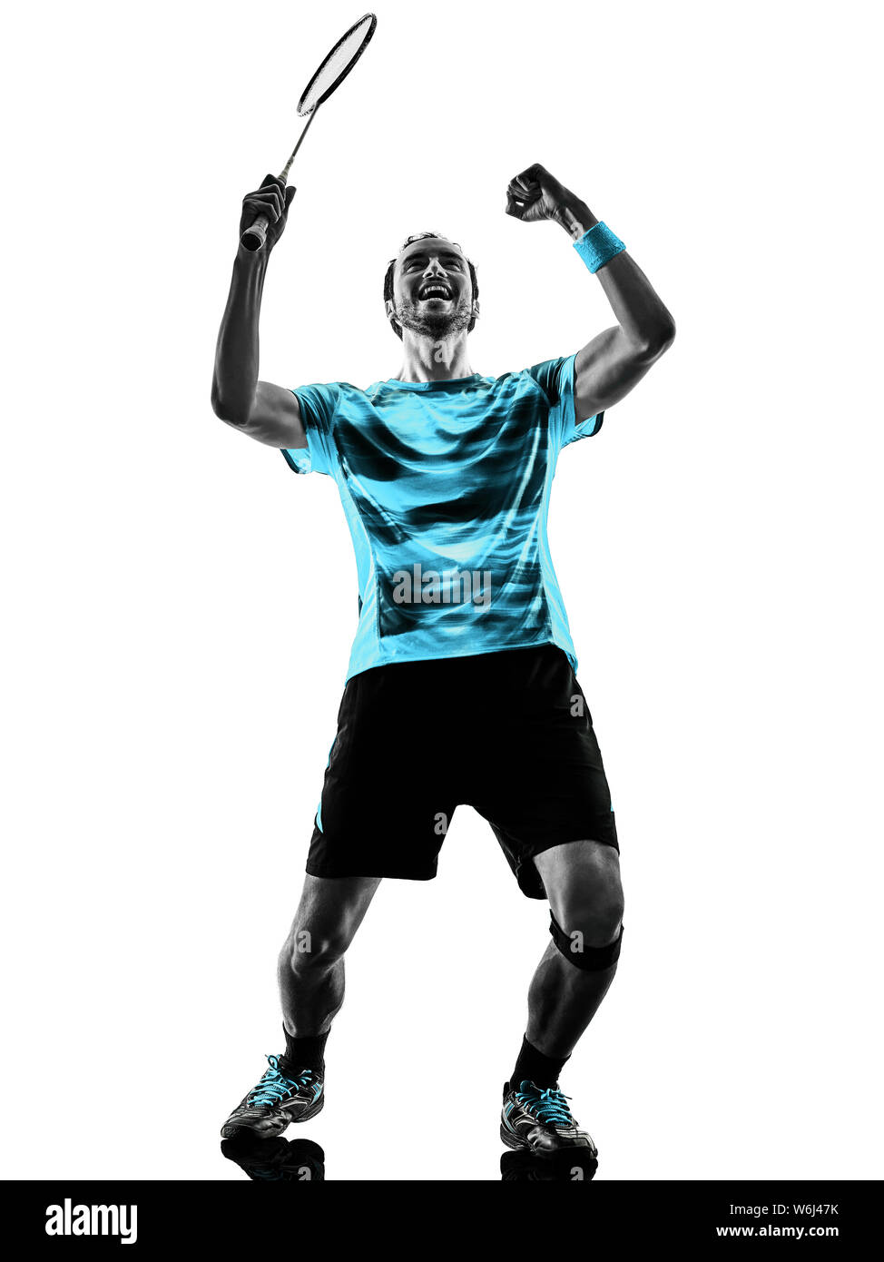 one caucasian Badminton player man in studio shadow silhouette isolated ...