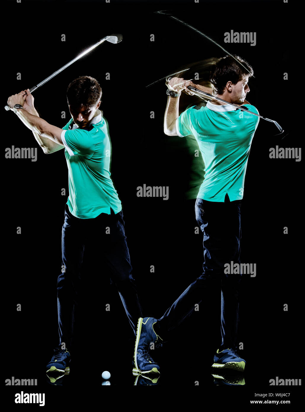 one caucasian young golfer man golfing golf swing isolated on black ...