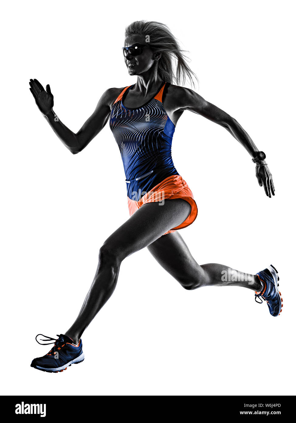 one caucasian beautiful long blond hair woman runner jogger jogging ...