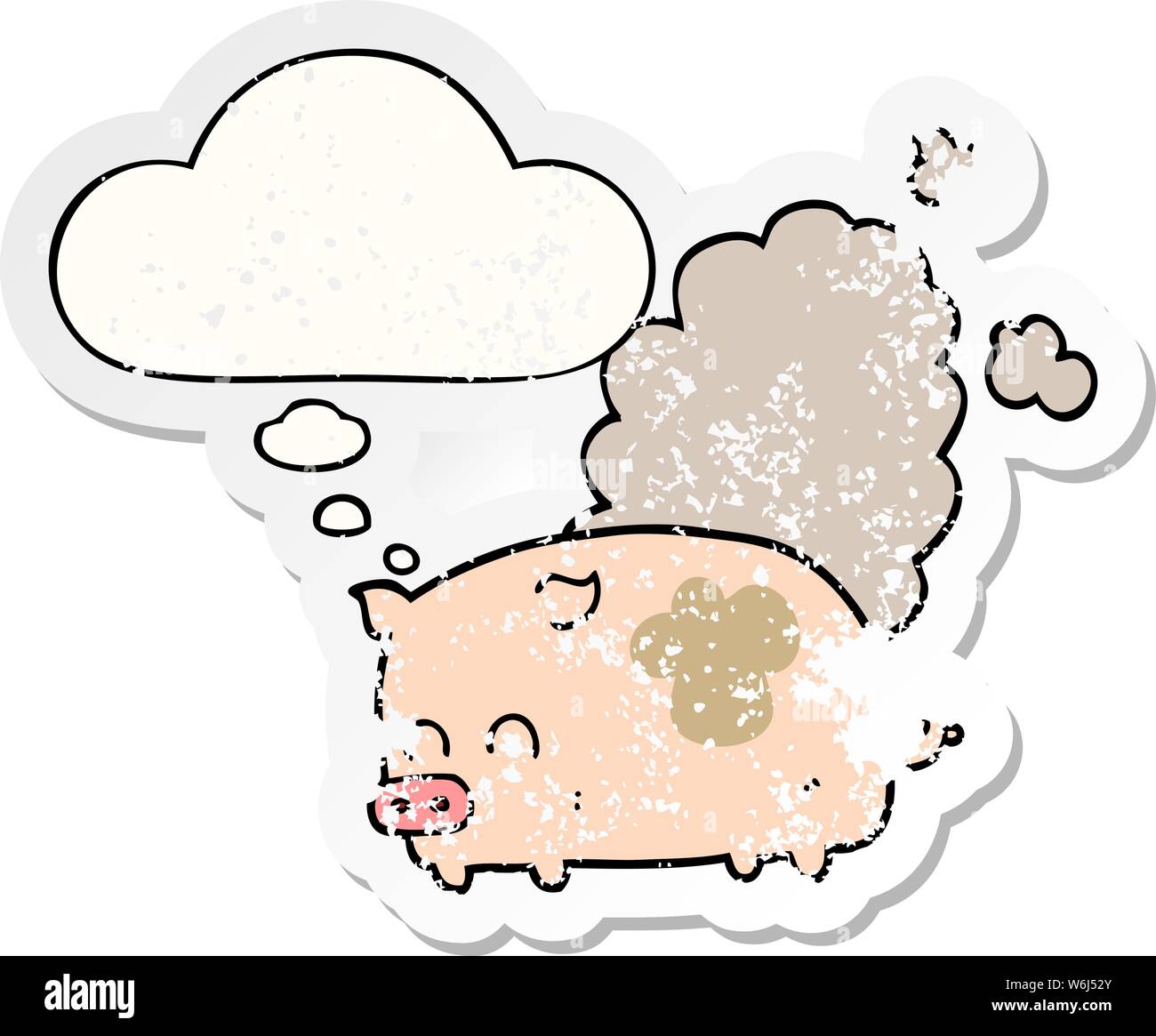 cartoon smelly pig with thought bubble as a distressed worn sticker ...
