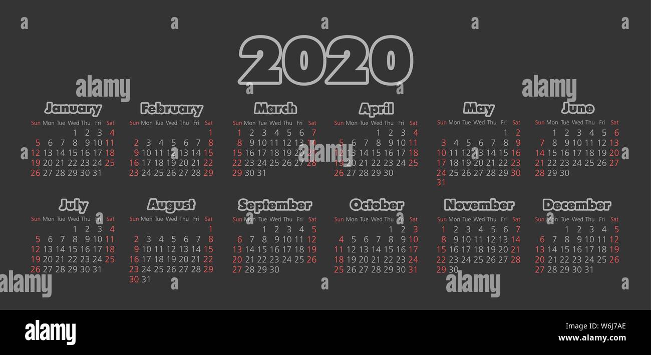 Calendar 2020 year dark. Black and white vector template. Week starts ...