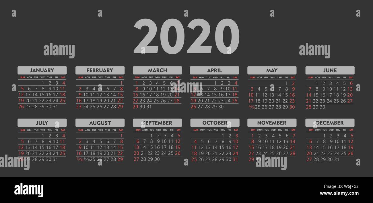 Calendar 2020 year dark. Black and white vector template. Week starts ...