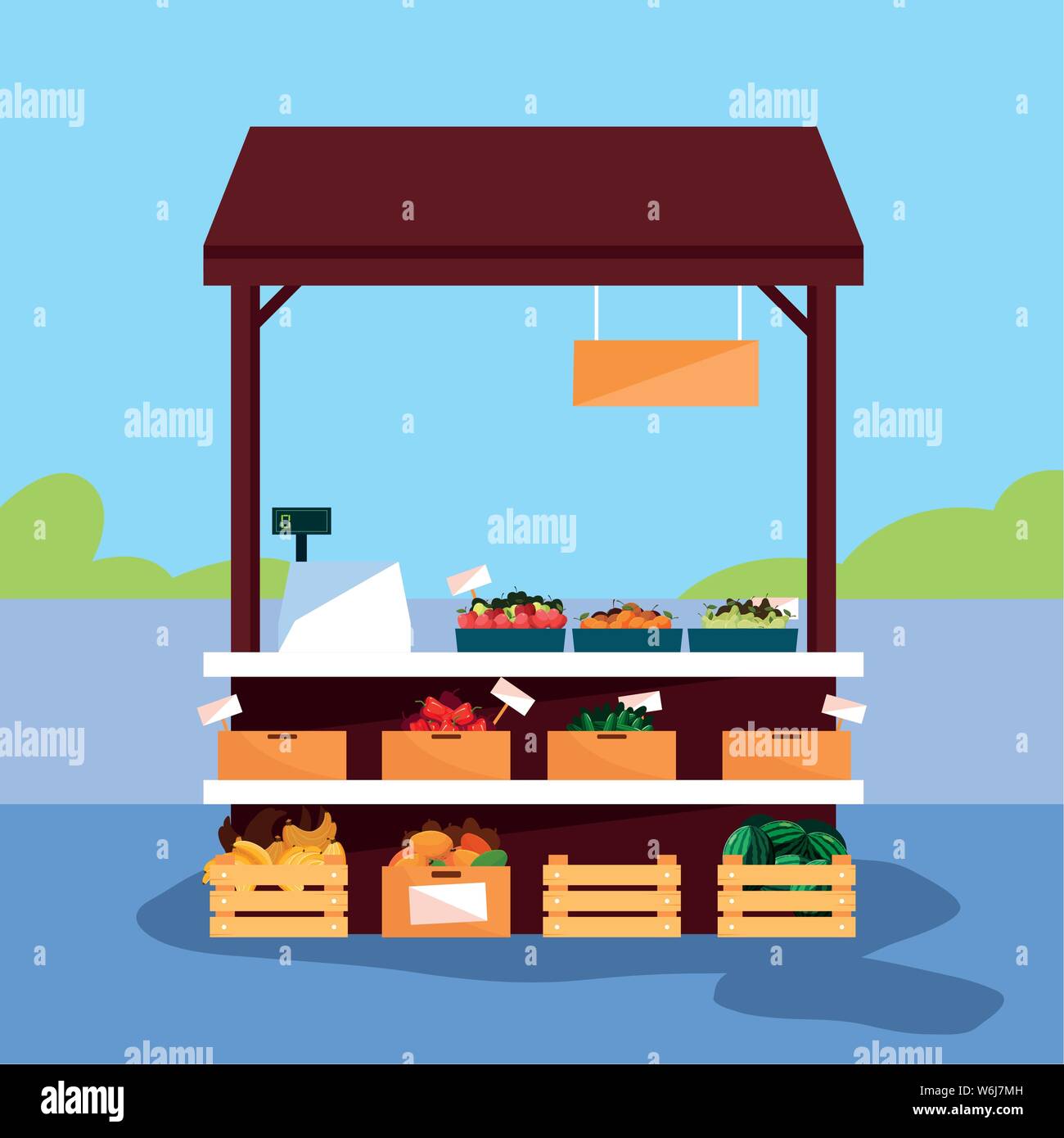 stand selling vegetables and fruits vector illustration Stock Vector ...