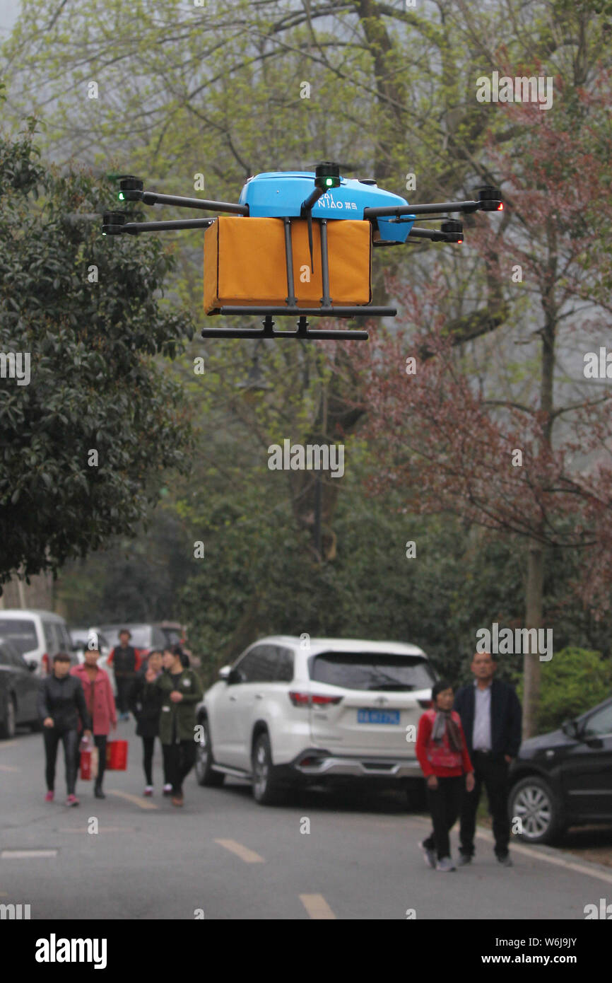 A drone or UAV (unmanned aerial vehicle) of Alibaba's Cainiao Logistics ...