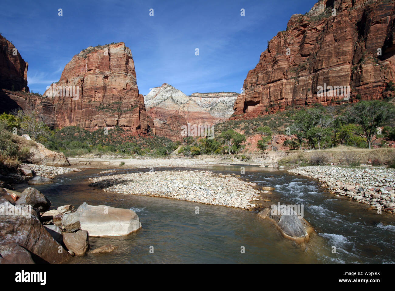Angels Landing and Virgin River under unusual autumn cloudscape in Zion ...