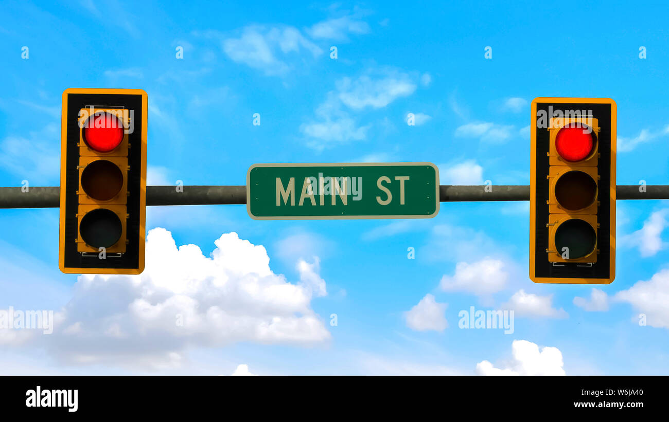 Panorama frame Main street sign between traffic lights mounted on a ...