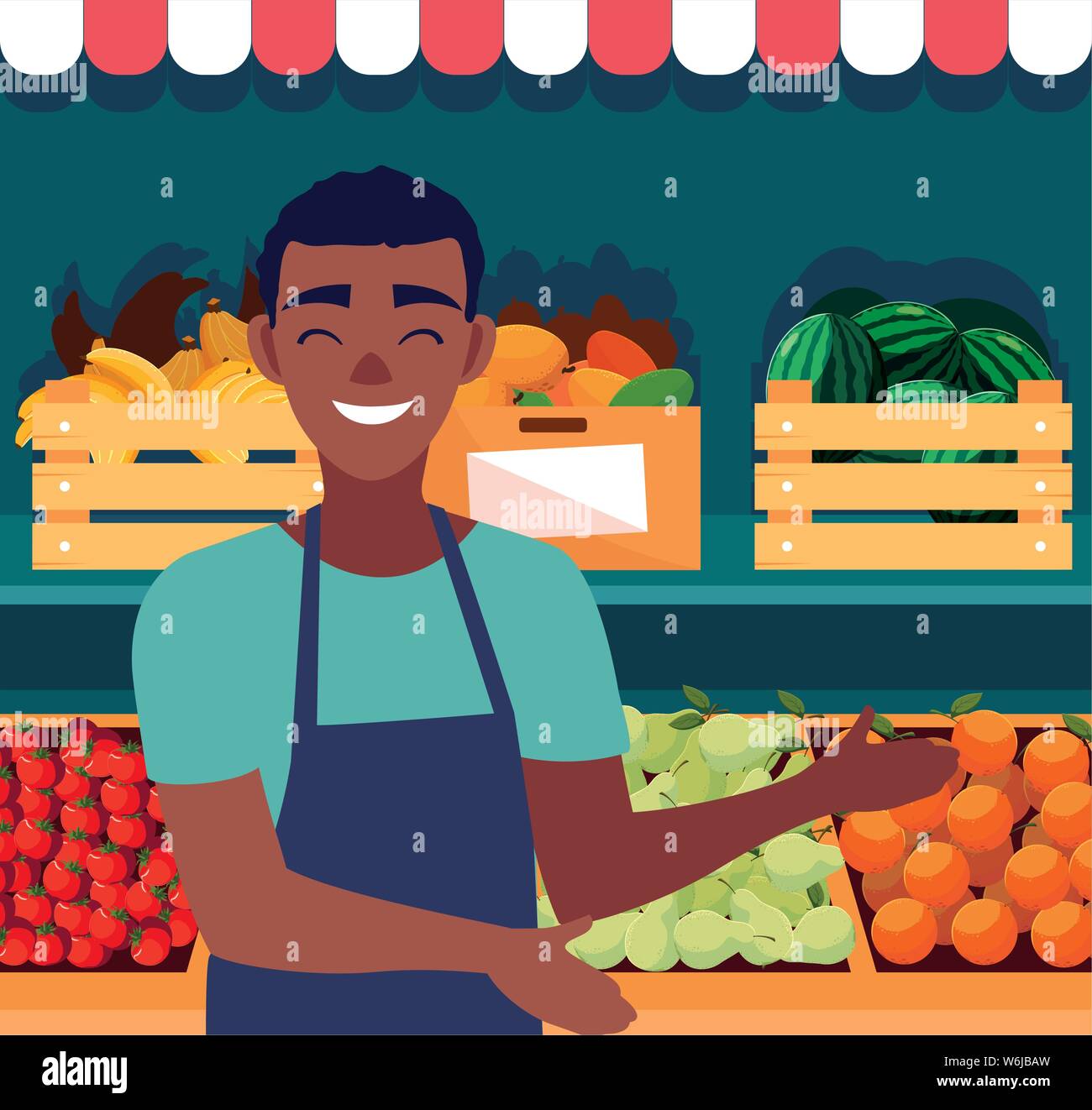 seller man farm products stand vegetables and fruits vector ...
