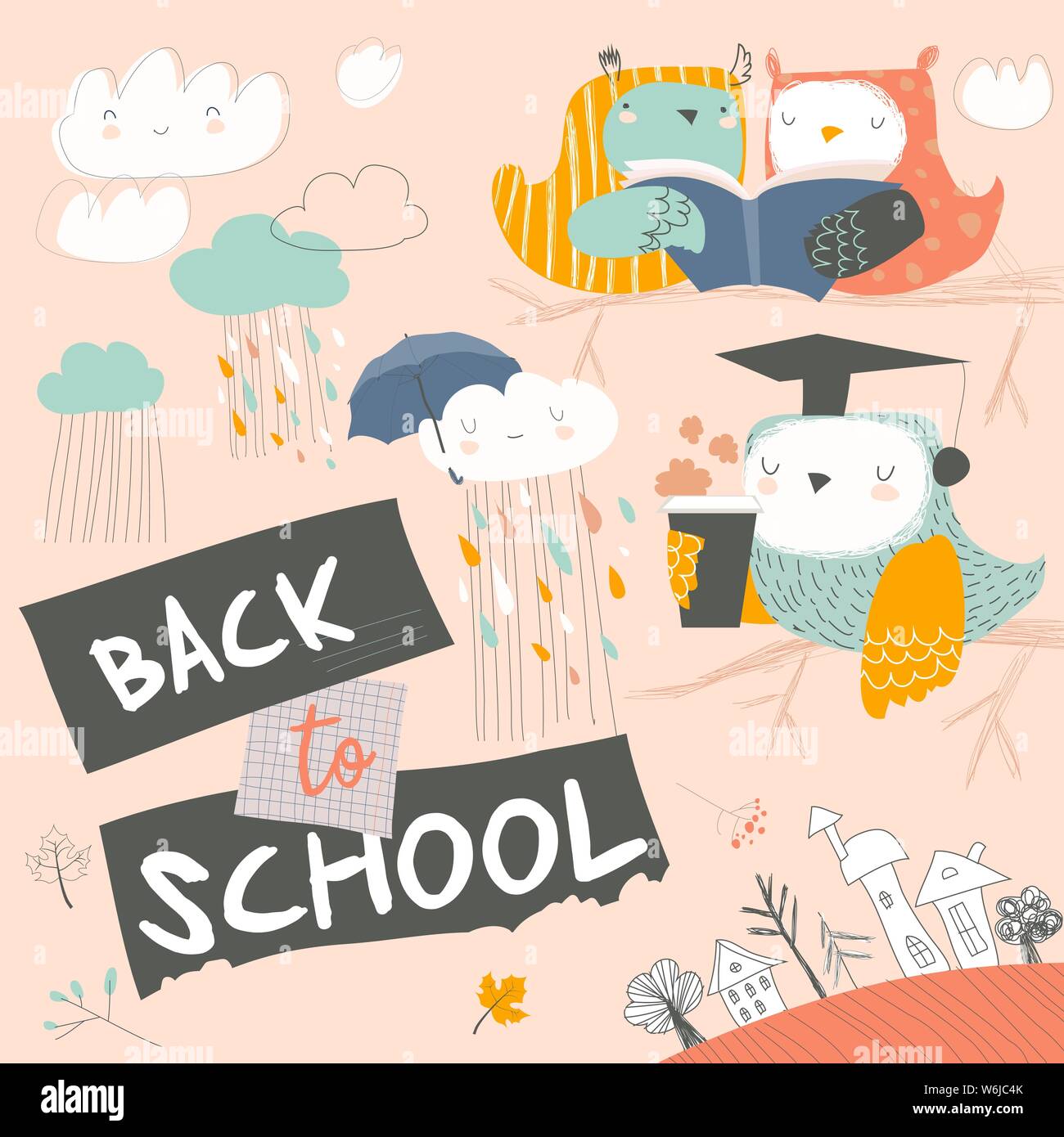 Cute owls sitting on branch with books. Back to school Stock Vector ...