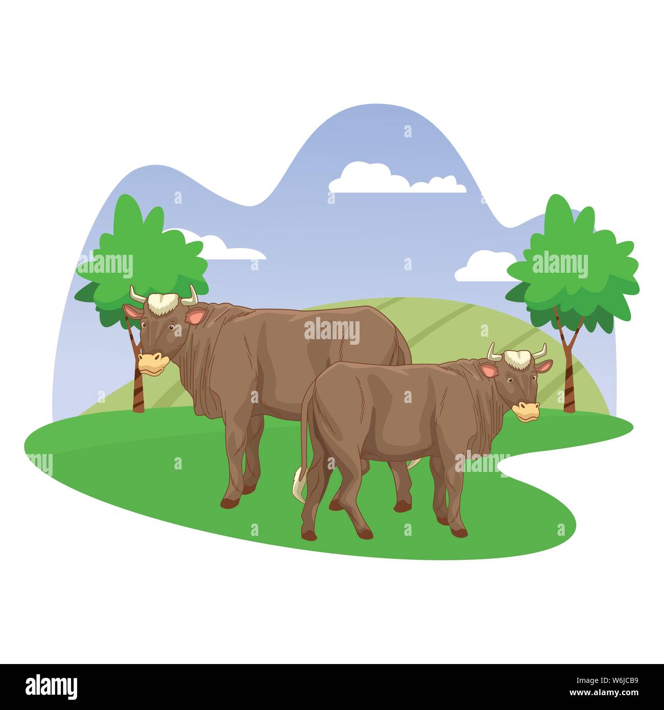 Two cows in nature scenery cartoon Stock Vector Image & Art - Alamy