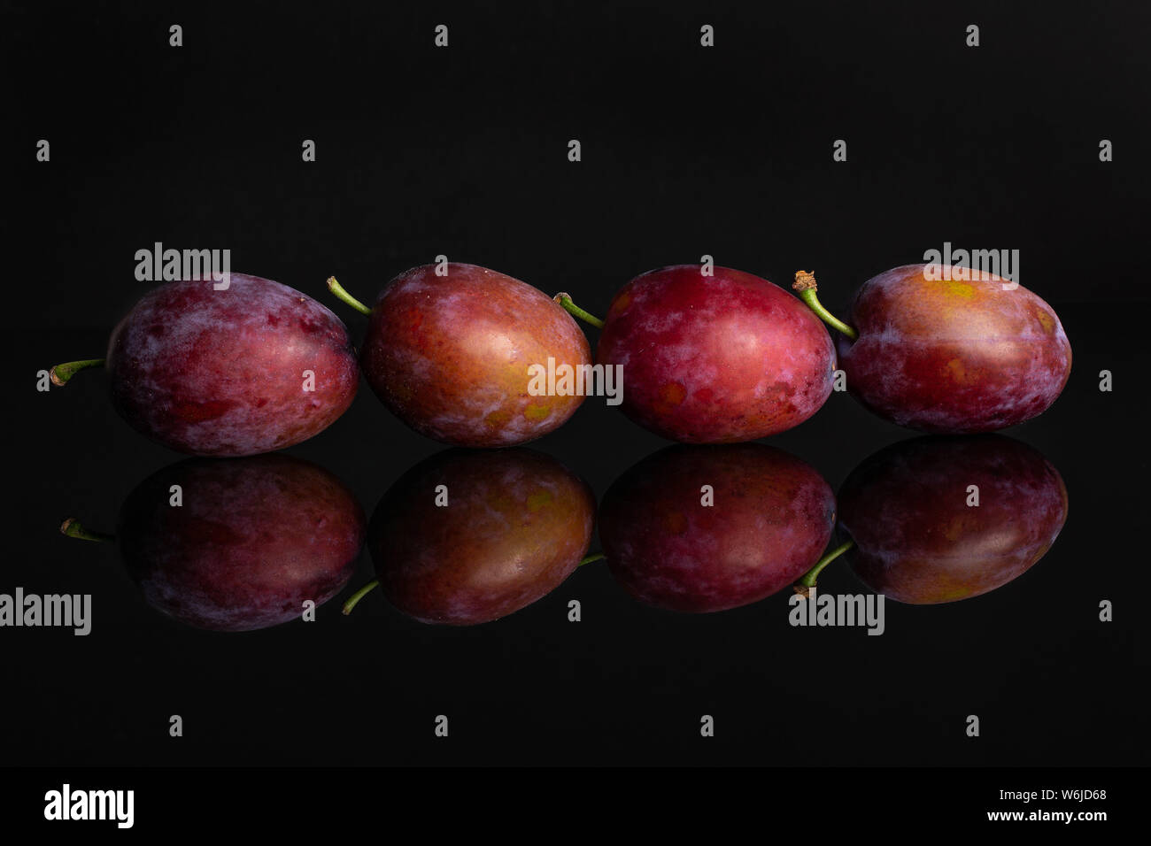 Group of four whole fresh blue plum in a row isolated on black glass ...