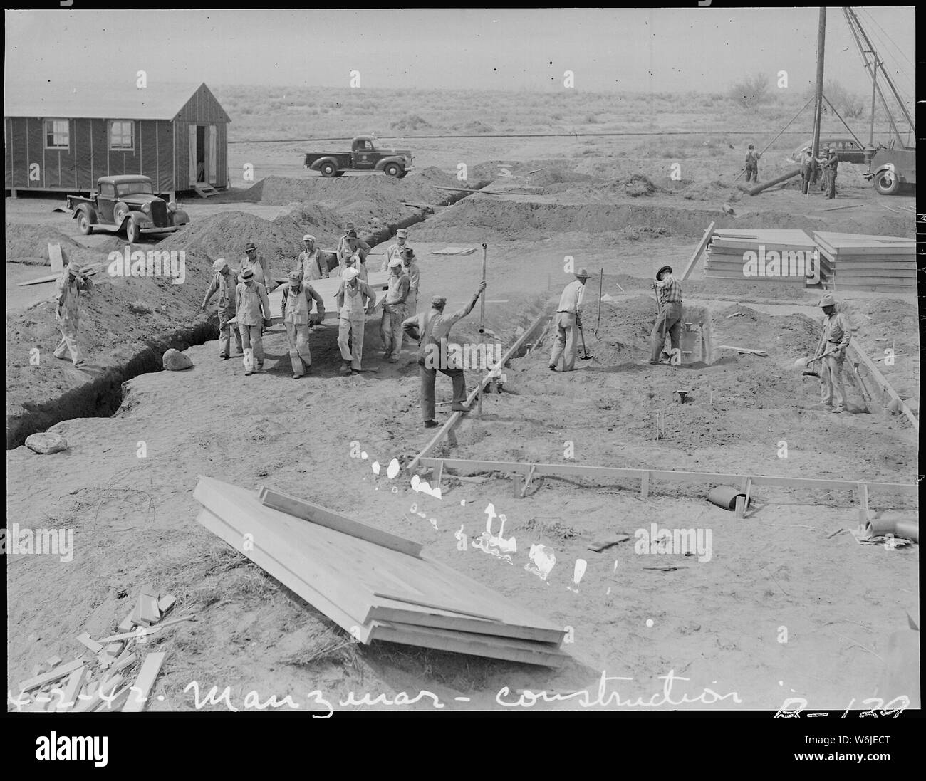 Manzanar Relocation Center, Manzanar, California. Construction begins ...