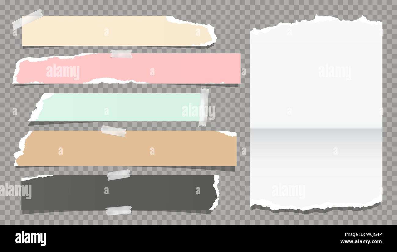 White colorful ripped, torn note, notebook paper strips, stuck with ...