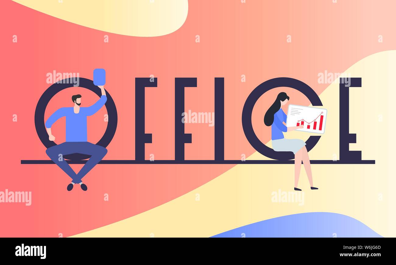 Vector illustration with office inscription and working people ...